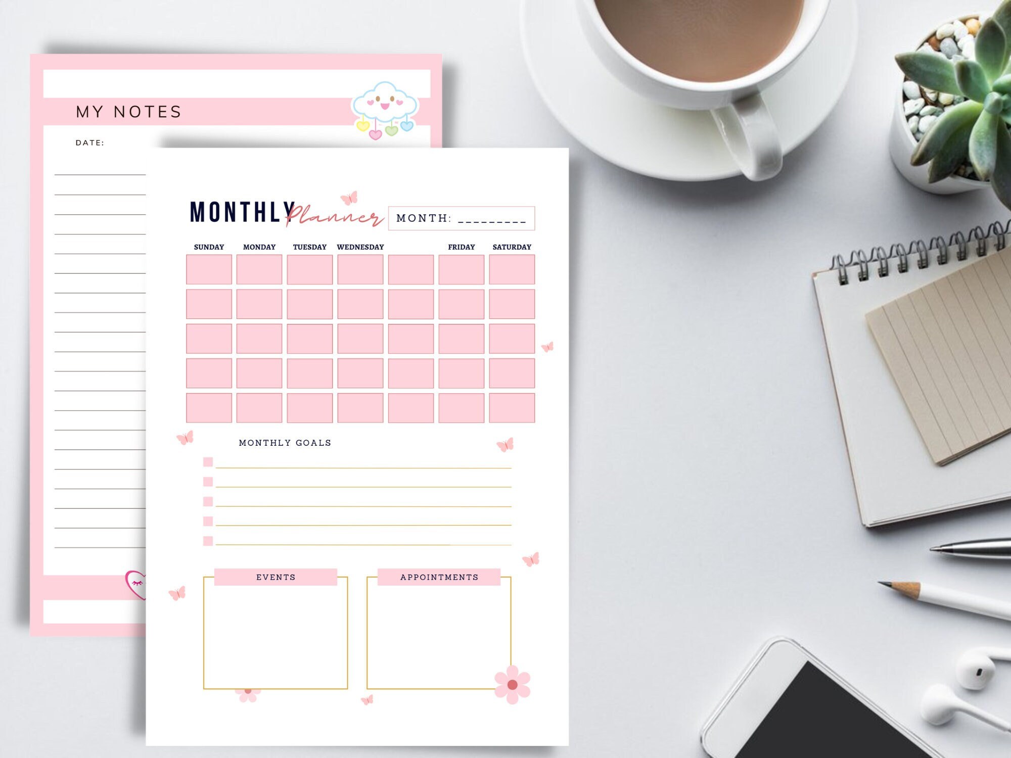 Pink Monthly Planner Printable, Monthly Planner, Productivity Planner ...