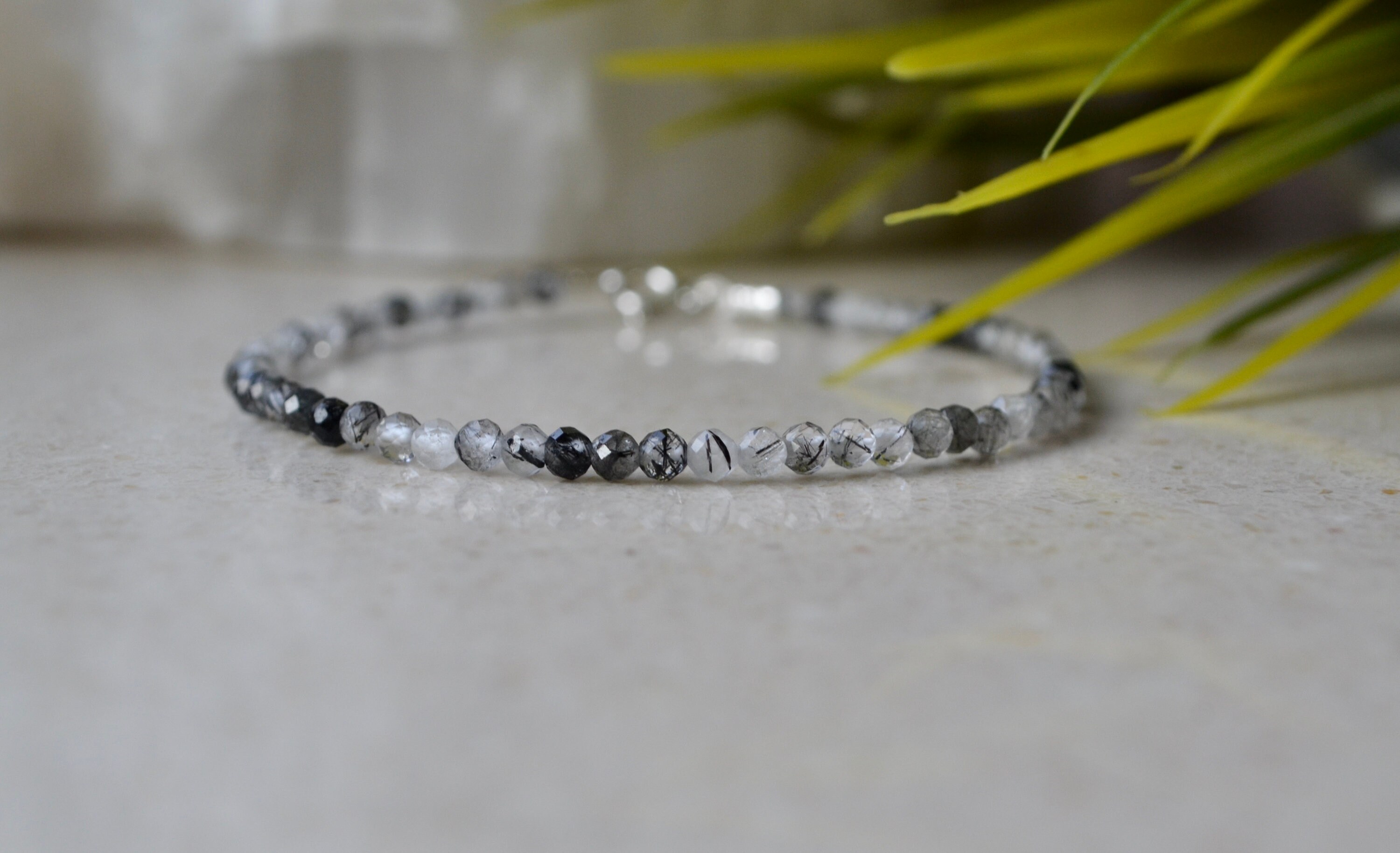 Rutilated Quartz bracelet tiny black and white gemstone | Etsy