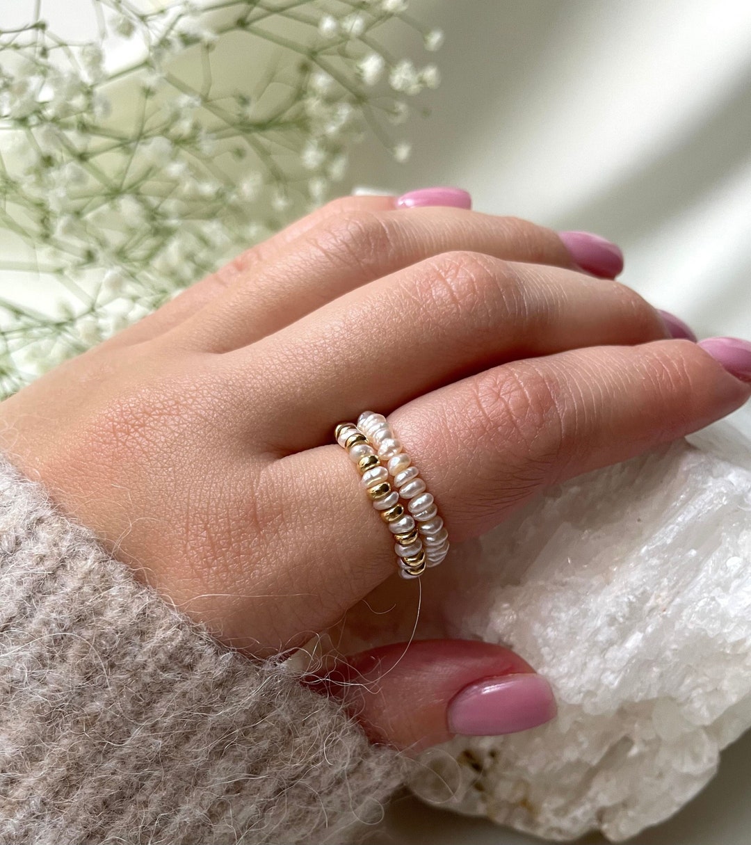 Freshwater Pearl Ring, Stretch Beaded Ring, Gifts for Her, Womens ...