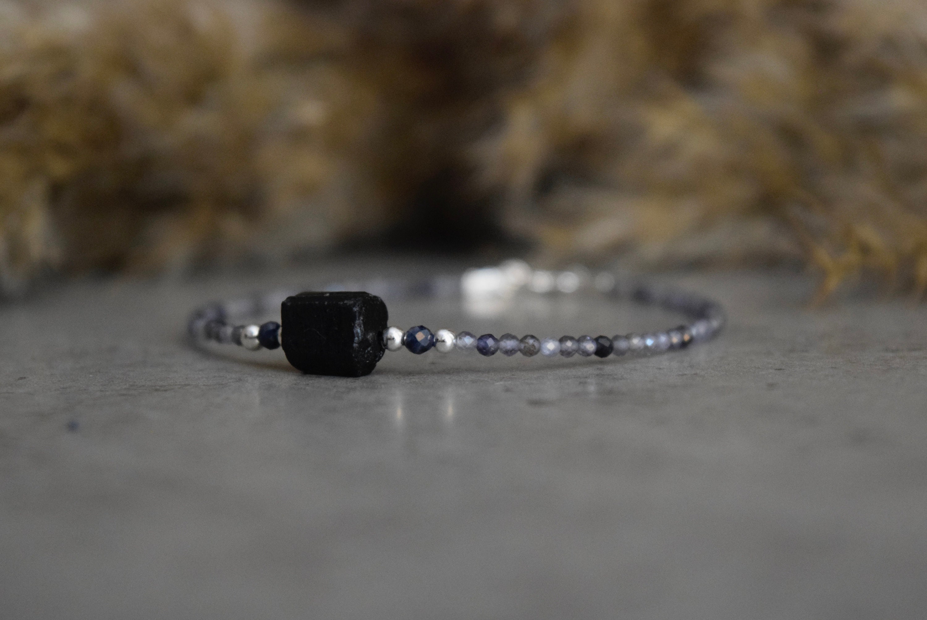 Raw Black Tourmaline Bracelet With Blue Iolite, Sapphire and Silver ...