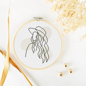 Boho Woman in Hat Line Art Cross Stitch Pattern PDF, Woman Cross Stitch ...