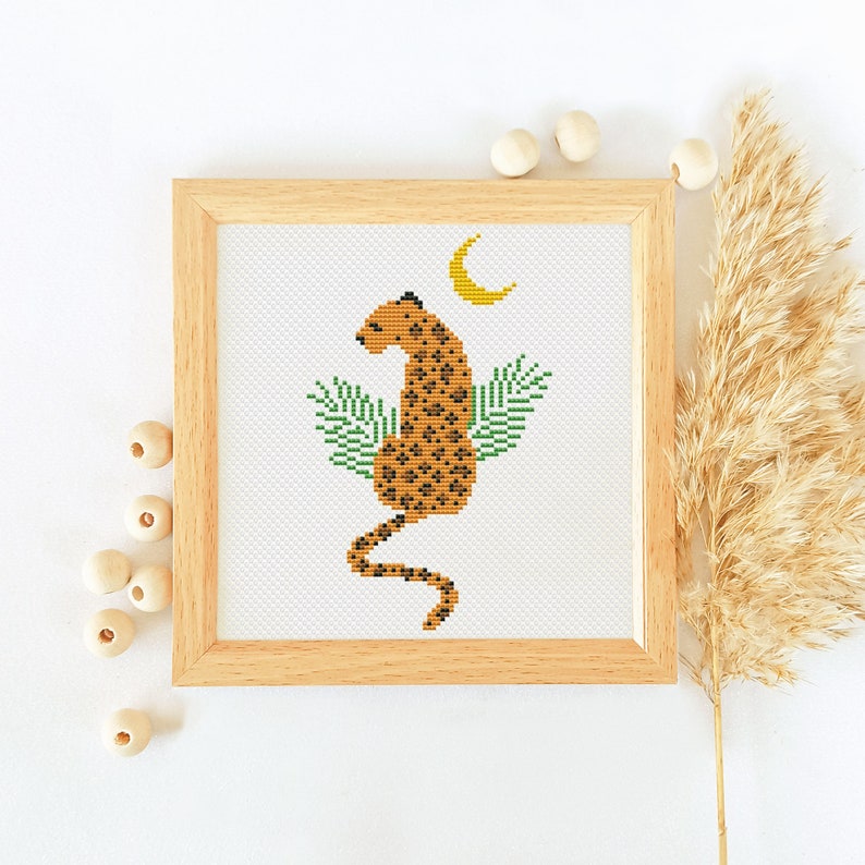 Leopard Cross Stitch Pattern PDF Animal and Moon Cross | Etsy
