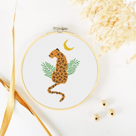 Leopard Cross Stitch Pattern PDF Animal and Moon Cross | Etsy