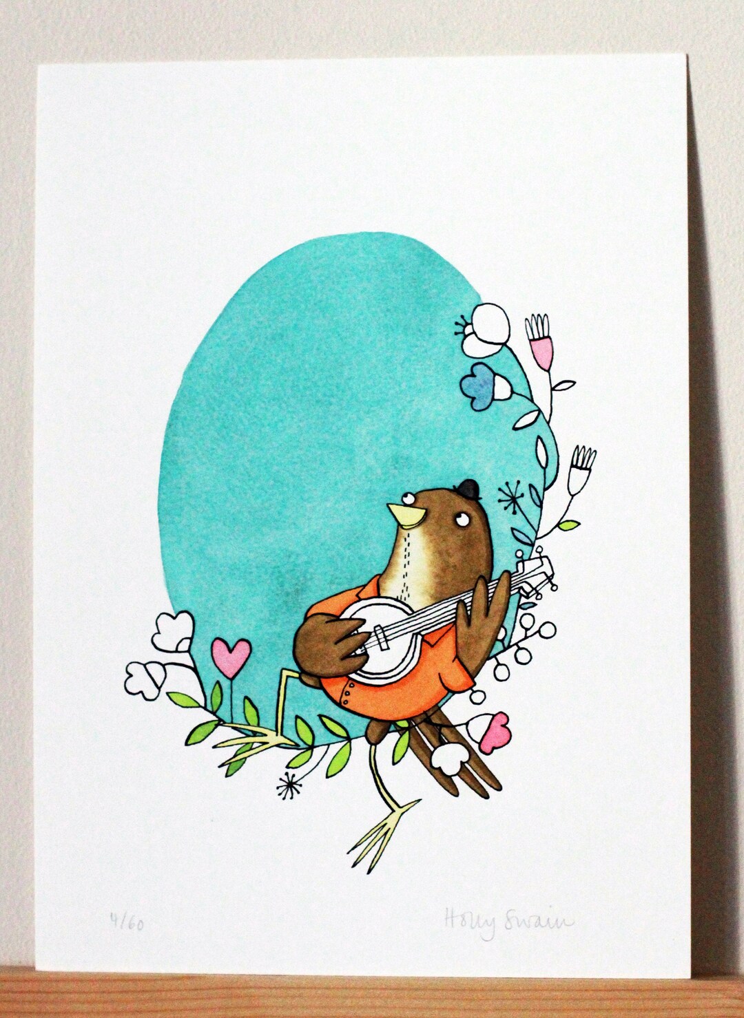 Bird and Banjo A4 Giclee Print, Floral, Music, Kids Room, Children's ...