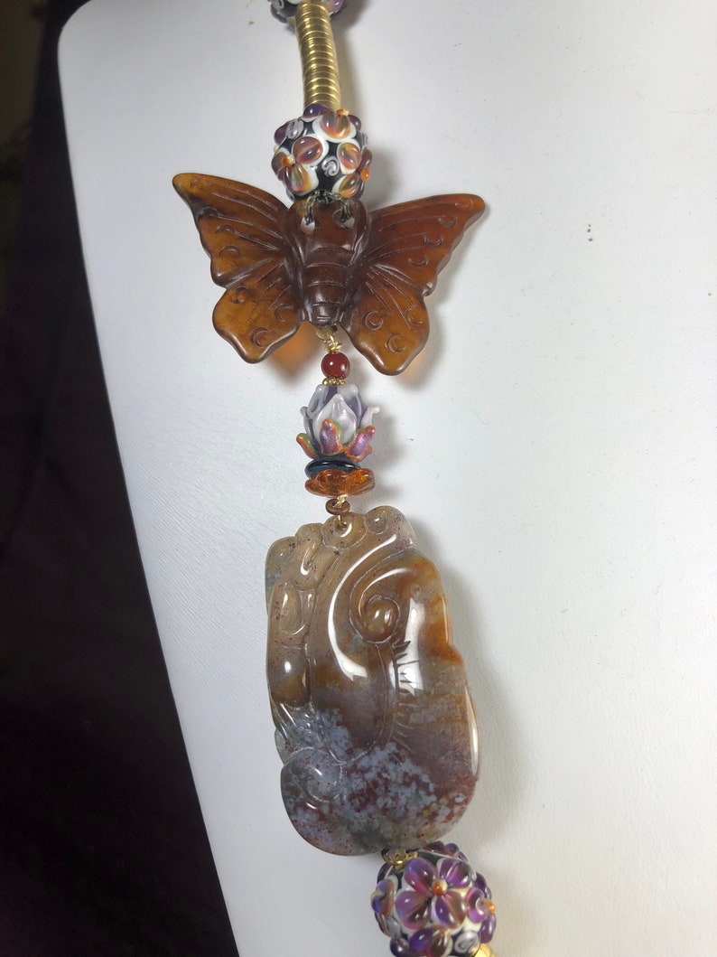 Handsome Neckpiece, Deep Russet/purple/lavender/brass, Suchow Jade, Jasper. Glass, Brass ...