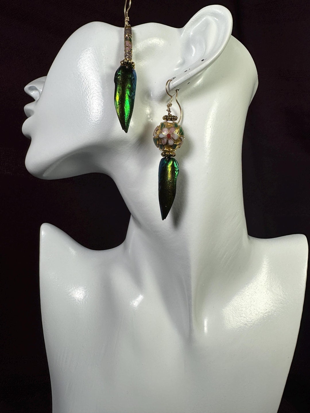 Iridescent Thai Beetle Wing Covers, Green, Enamel, Coordinated ...