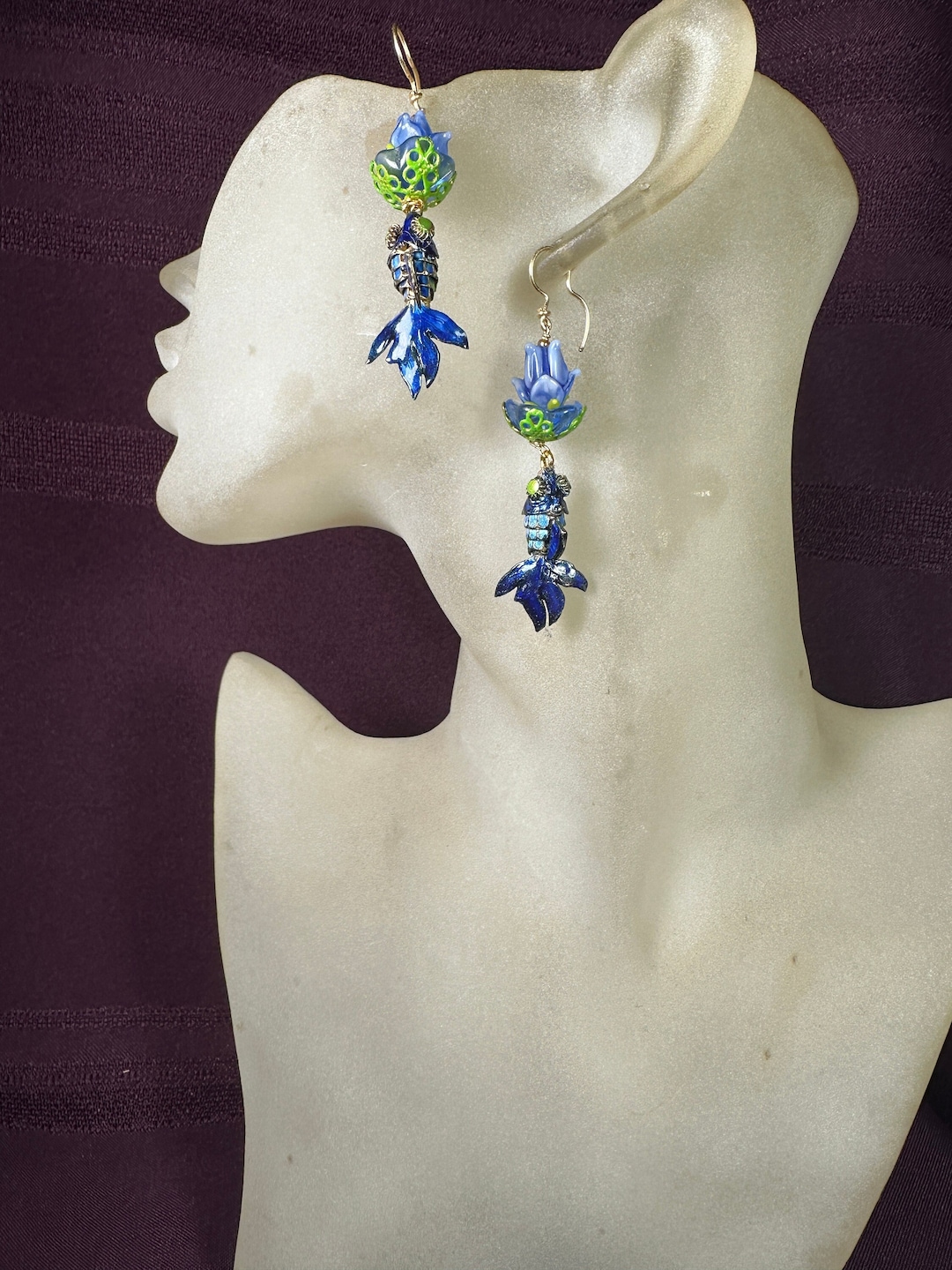 Navy and Powder Blue Enamel Fish, Articulated (they Wiggle), Dangle ...