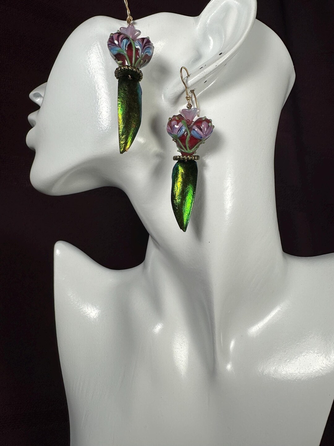 Iridescent Thai Beetle Wing Covers, Green, Deep Red Hearts, Floral ...