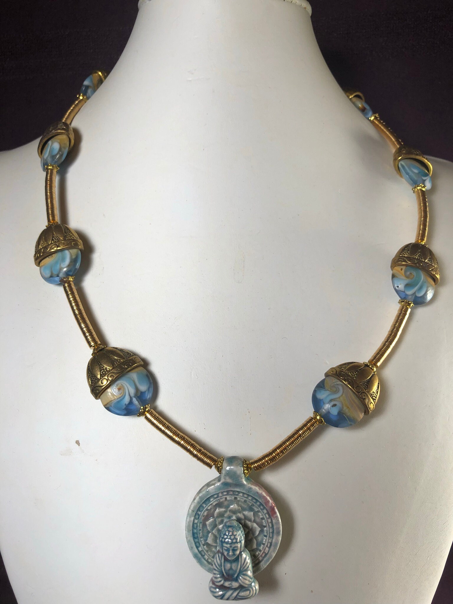Buddha Necklace Lotus Ohms Asian Pendant Ceramic Glass - Etsy