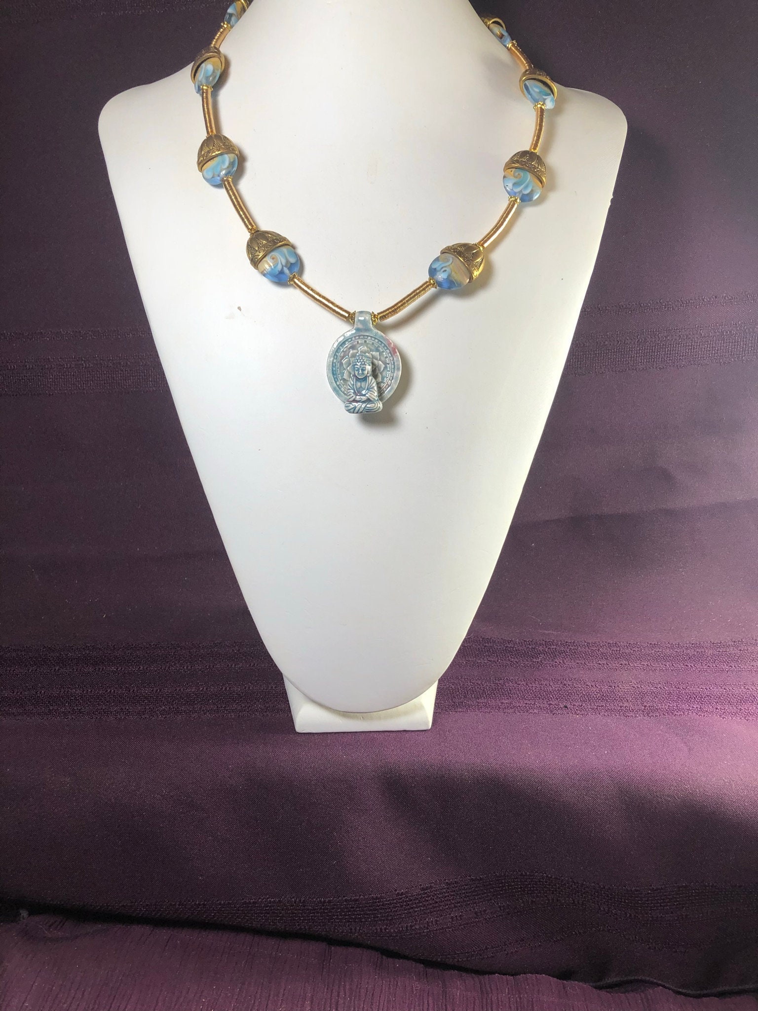 Buddha Necklace Lotus Ohms Asian Pendant Ceramic Glass - Etsy