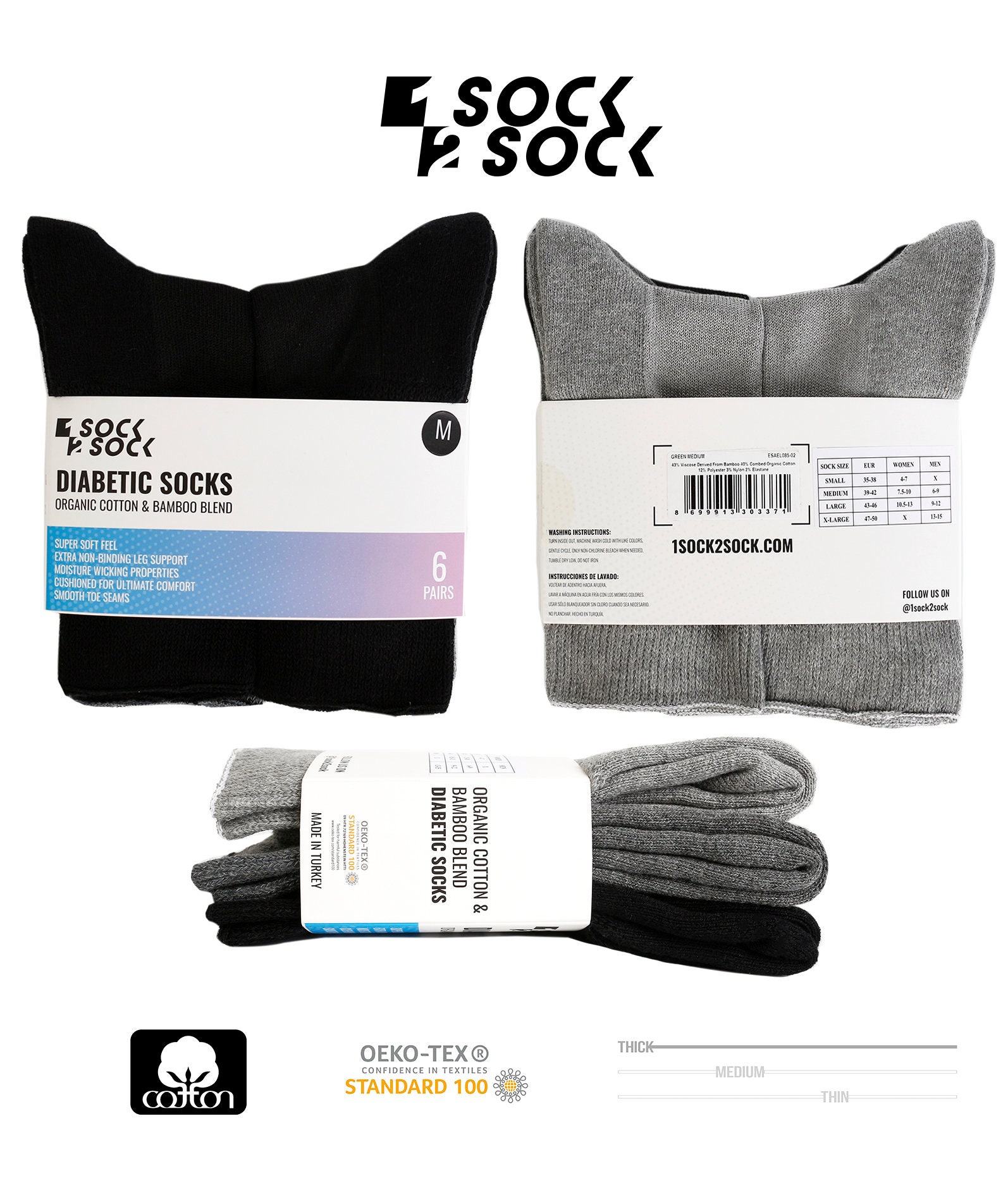 1SOCK2SOCK Unisex 6 Pack Diabetic Organic Cotton Bamboo Crew Socks ...