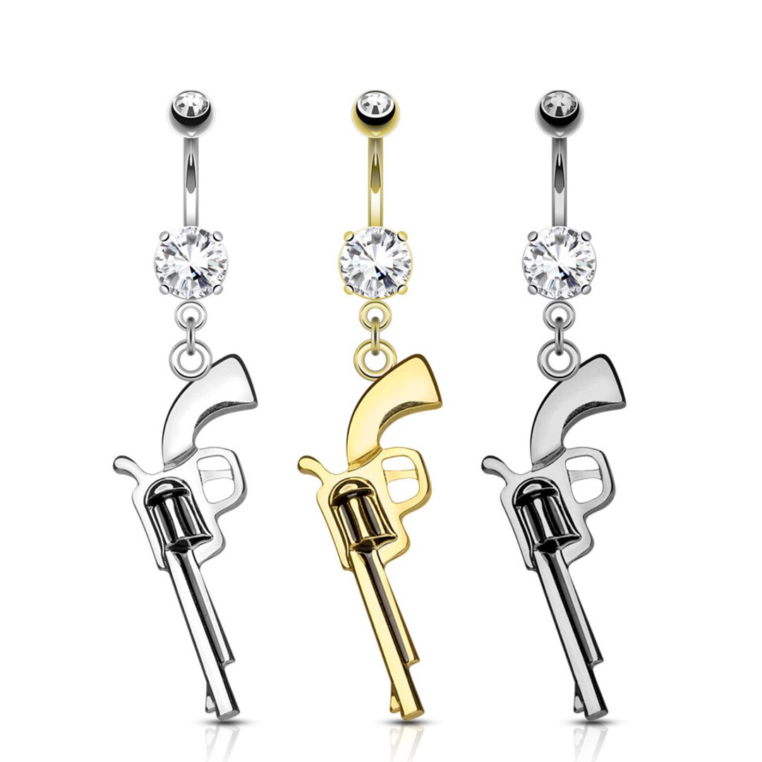 Gun Dangle CZ Prong Set 316L Surgical Steel Navel Belly Rings, Curved ...