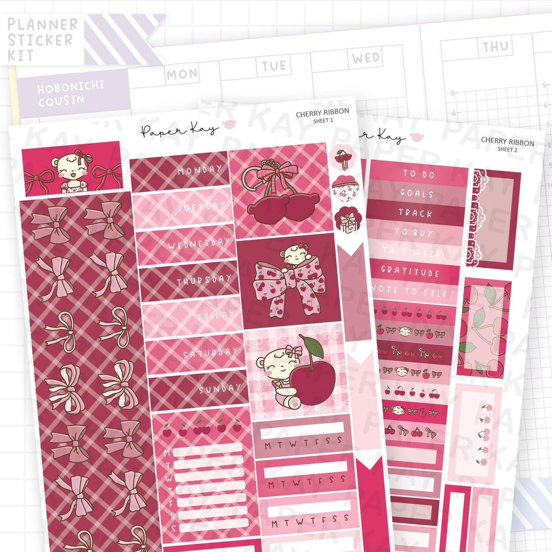 Cherry Ribbon Hobonichi Cousin Sticker Kit - 2 Page Weekly Planner ...