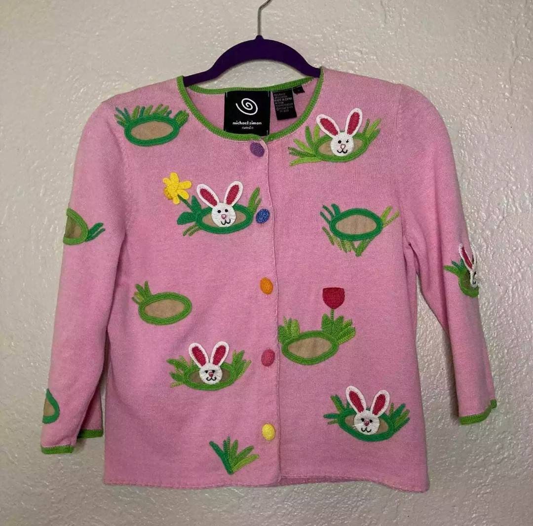 Michael Simon Event Pink Easter Bunny Cardigan Sweater Small #1415 - Etsy