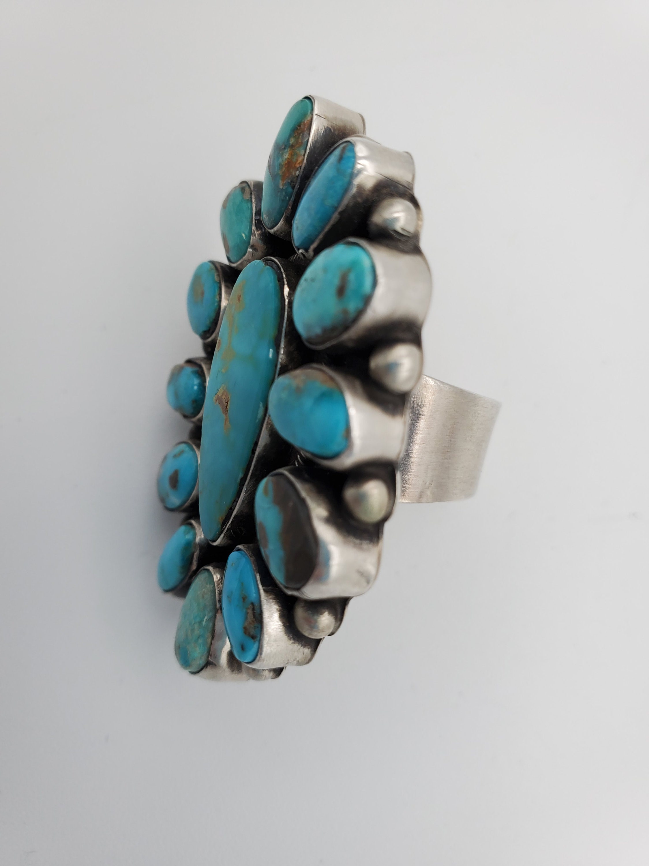 Large Sterlong Silver Turquoise Cluster Ring by Navajo Artist - Etsy