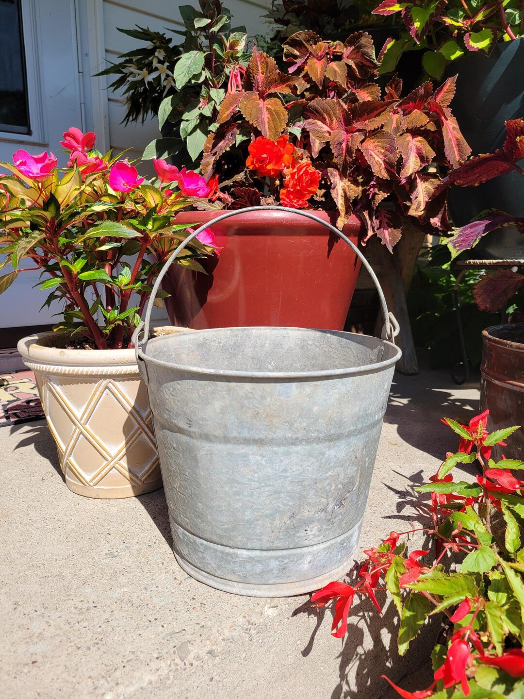 Vintage Galvanized Bucket Planters Wire Bail Handle Barn Tool Farm ...