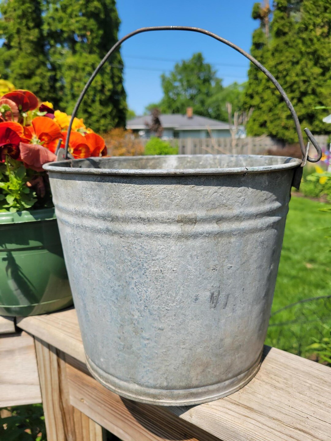 Vintage Galvanized Bucket Planters Wire Bail Handle Barn Tool Farm ...