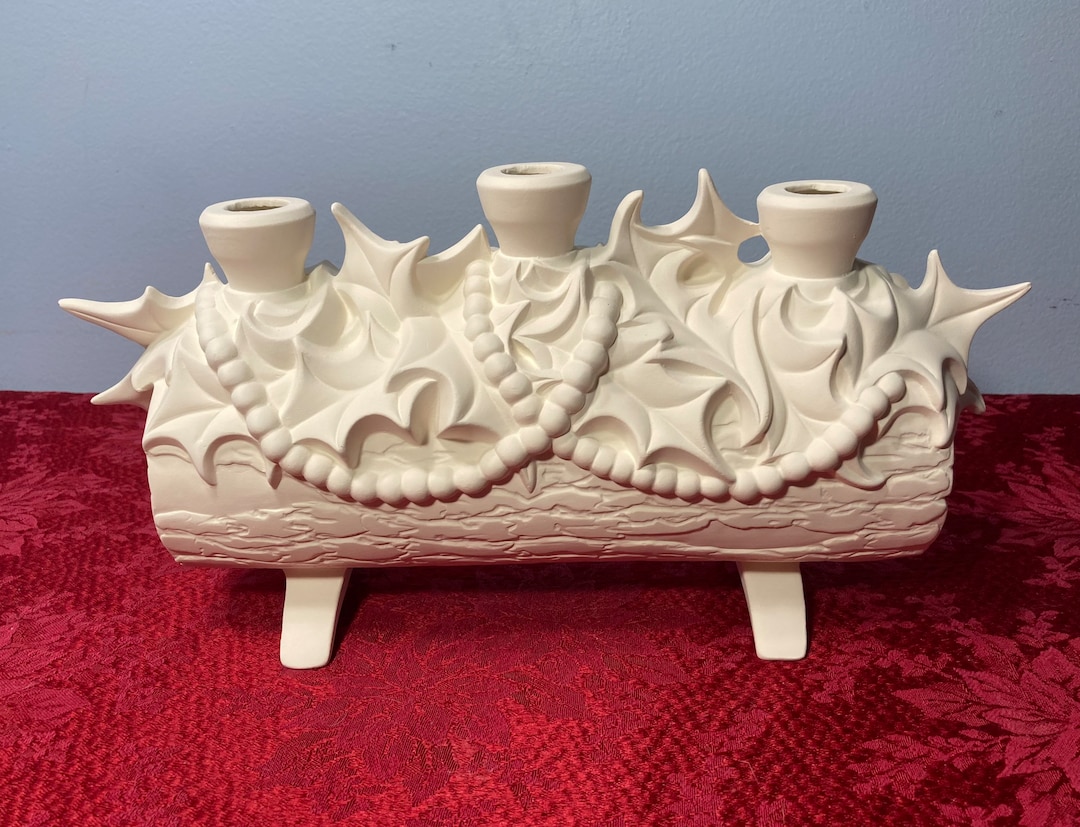 Vintage Yule Log Candle Holder Atlantic Molds Unpainted Ceramic Bisque ...