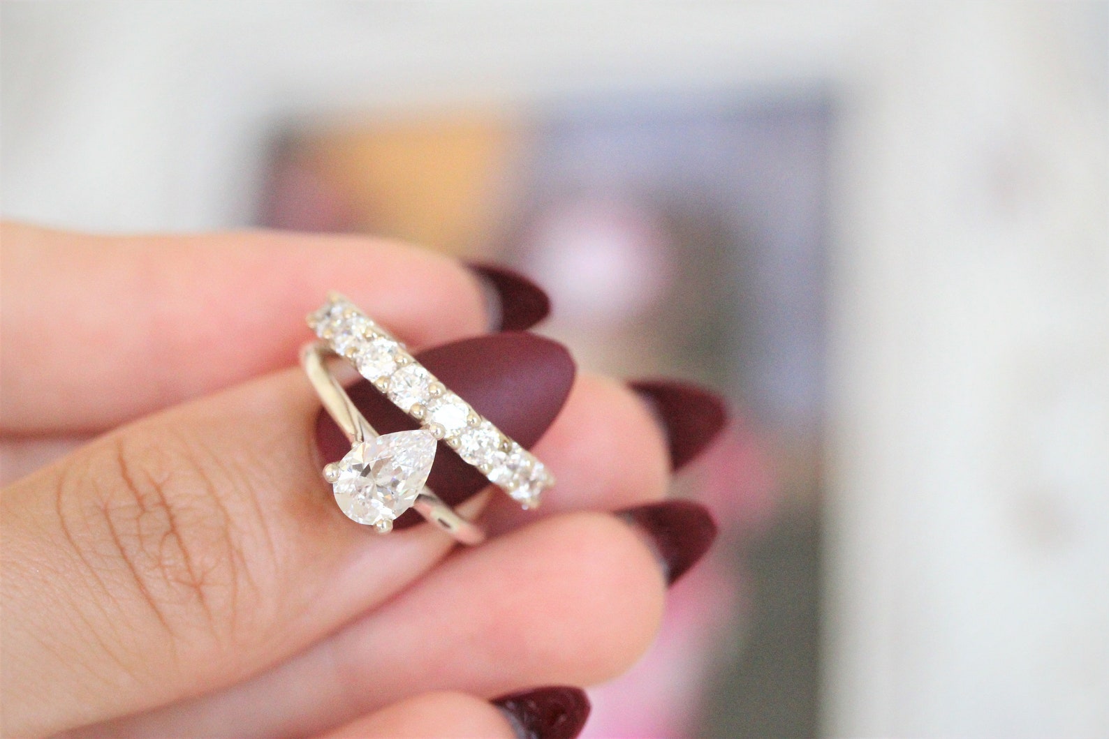 Pear shaped engagement ring set stackable rings for women | Etsy