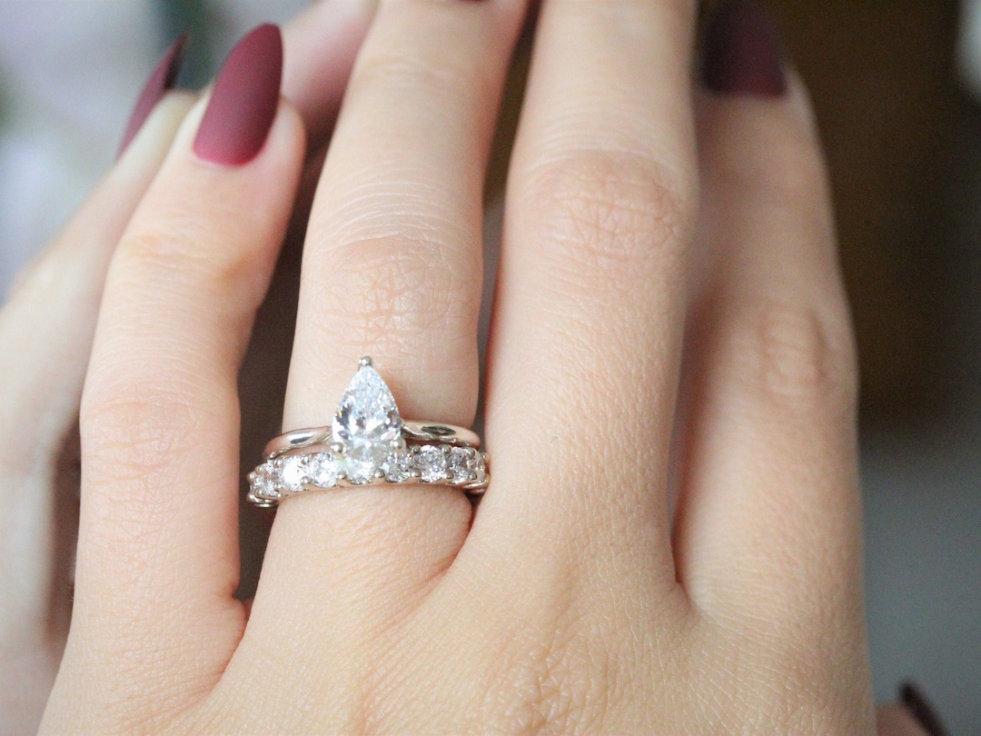 Pear Shaped Engagement Ring Set, Stackable Rings for Women, Bridal ...