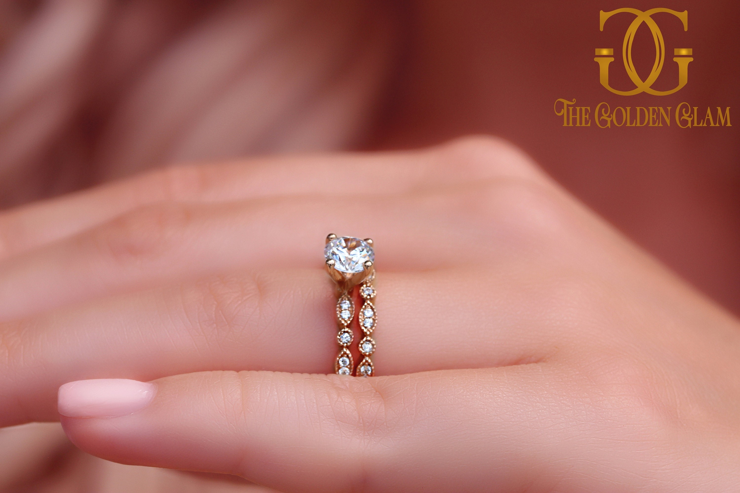 Round Solitaire Engagement Set, 1.0 Ct Round Cut Art Deco Set, Wedding ...