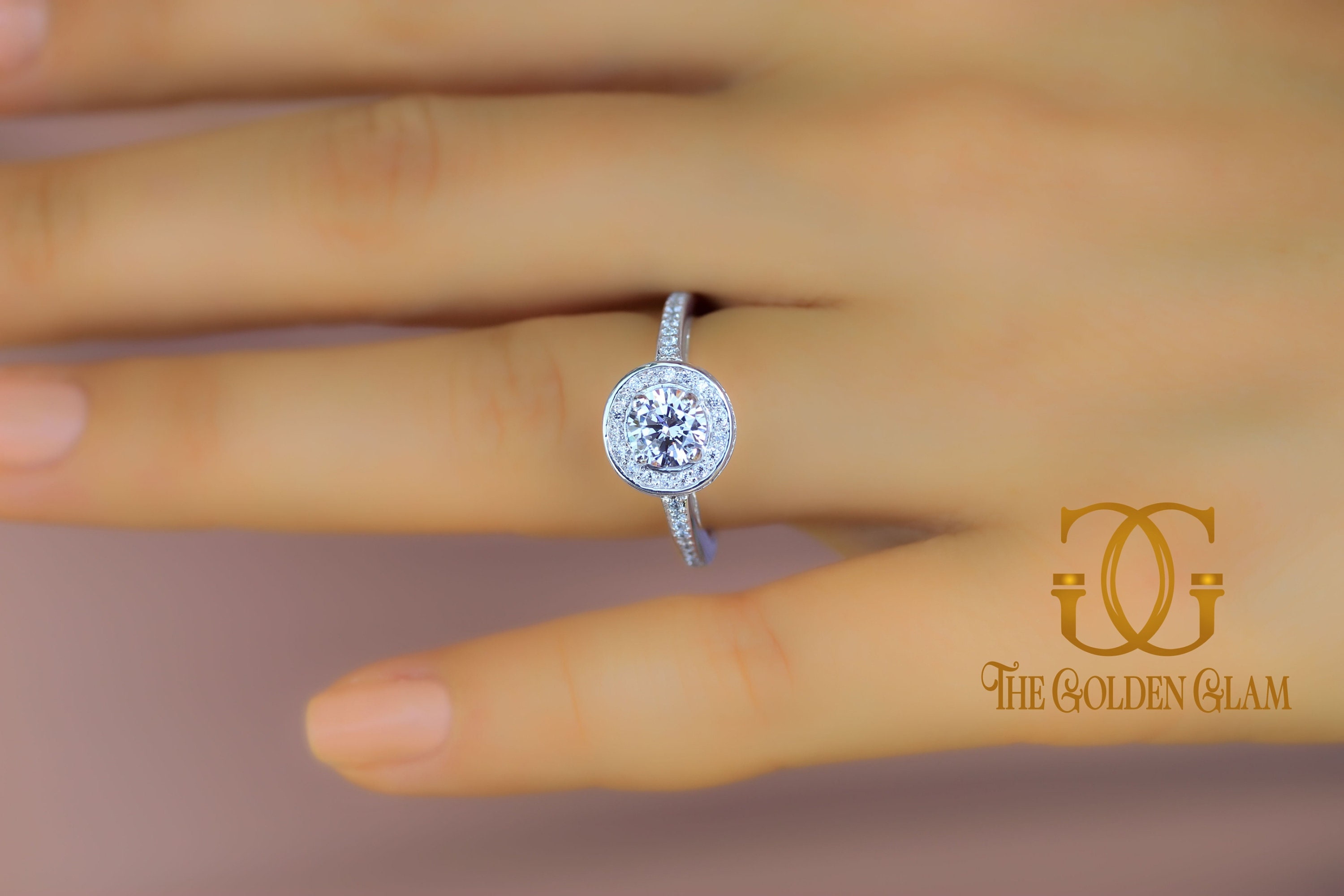 Round Engagement Ring In 14k Solid Gold: 1.5 Carat Halo Ring / | Etsy