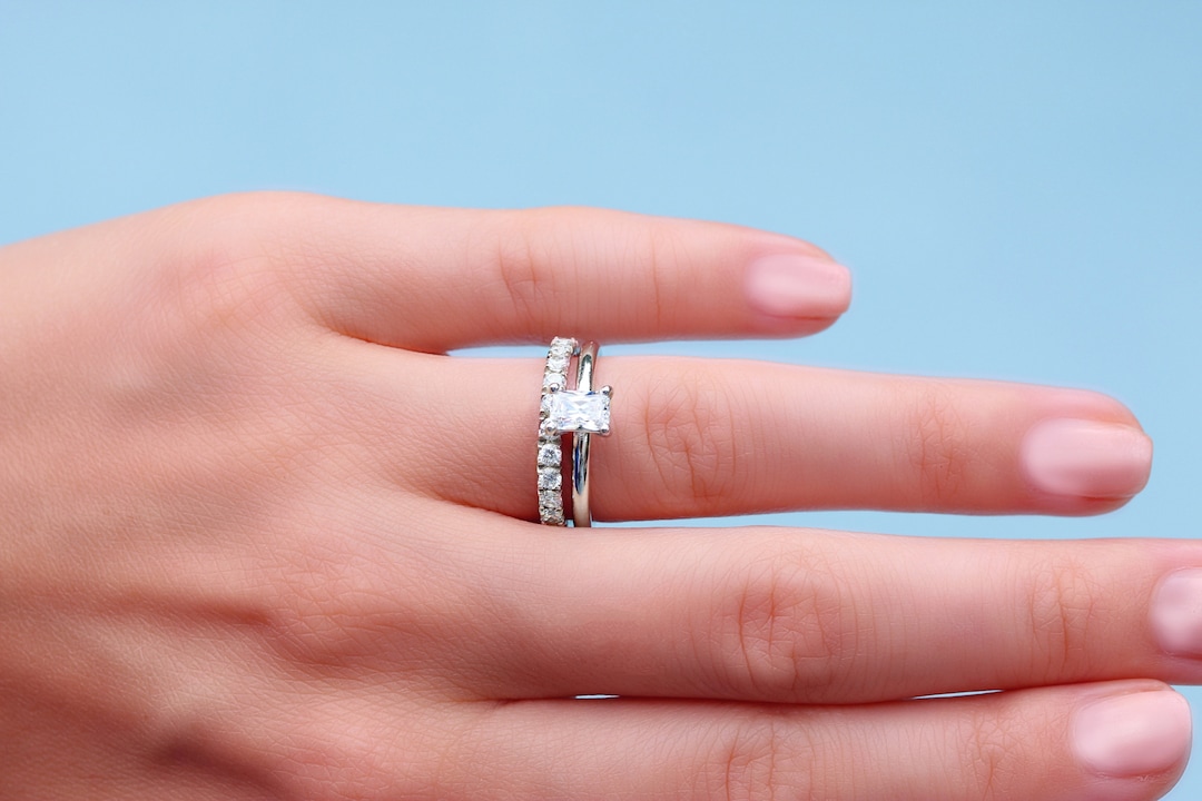 Solitaire Radiant Cut Diamond Wedding Ring Set Real Gold Bridal Set ...