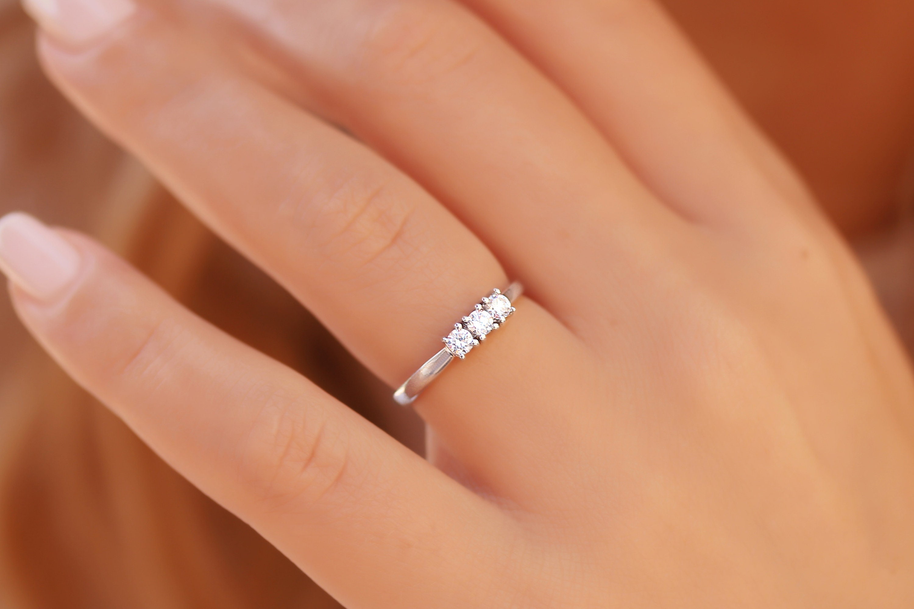 3 Stone Gold Ring Women Dainty Diamond Ring Minimal Ring | Etsy