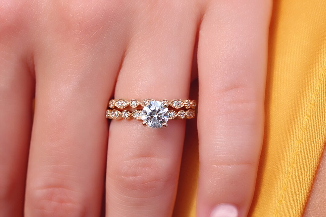 Round Solitaire Engagement Set, 1.0 Ct Round Cut Art Deco Set, Wedding ...