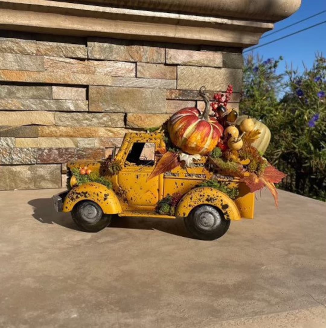 Yellow Truck, Fall Decor, Fall Truck, Metal Truck, Fall Centerpiece ...