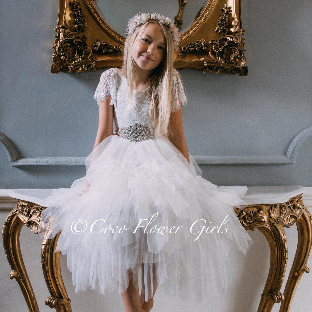 Elegant White Boho Flower Girl Communion Dress With Ruffles and ...