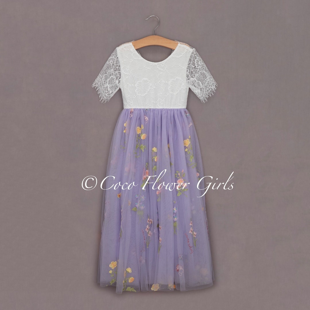 Rustic Lilac Lace Flower Girl Dress With Embroidered Flowers and 3/4 ...