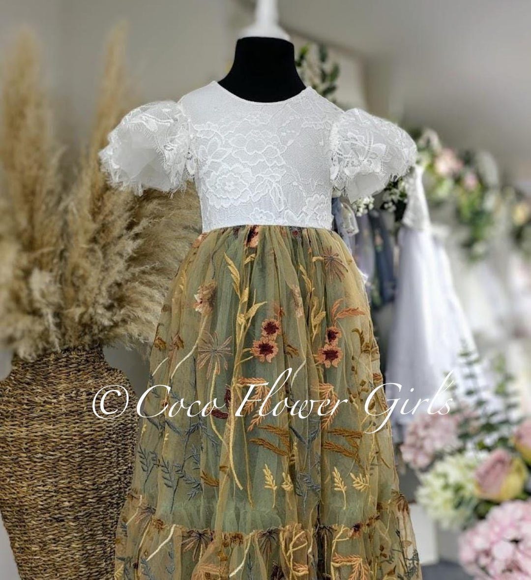 Eclectic Rustic Burnt Orange Sage Green Embroidered Lace Flower Girl ...