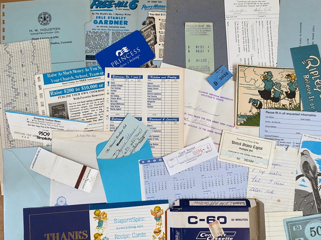 Vintage Blue Ephemera Lot Scrapbooking Junk Journal Art Supply Ticket ...
