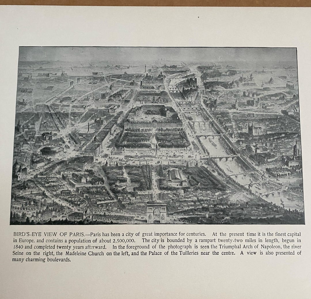 Paris France Antique Art Print 1892 Original Book Page Aerial View ...