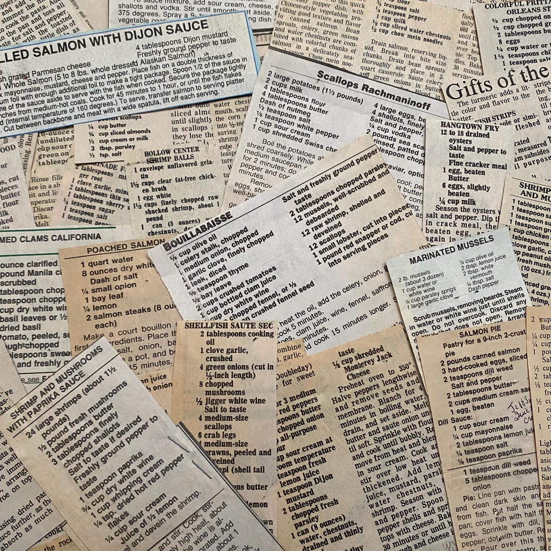 35 Vintage Fish Seafood Newspaper Recipe Clippings / Cooking Ephemera ...
