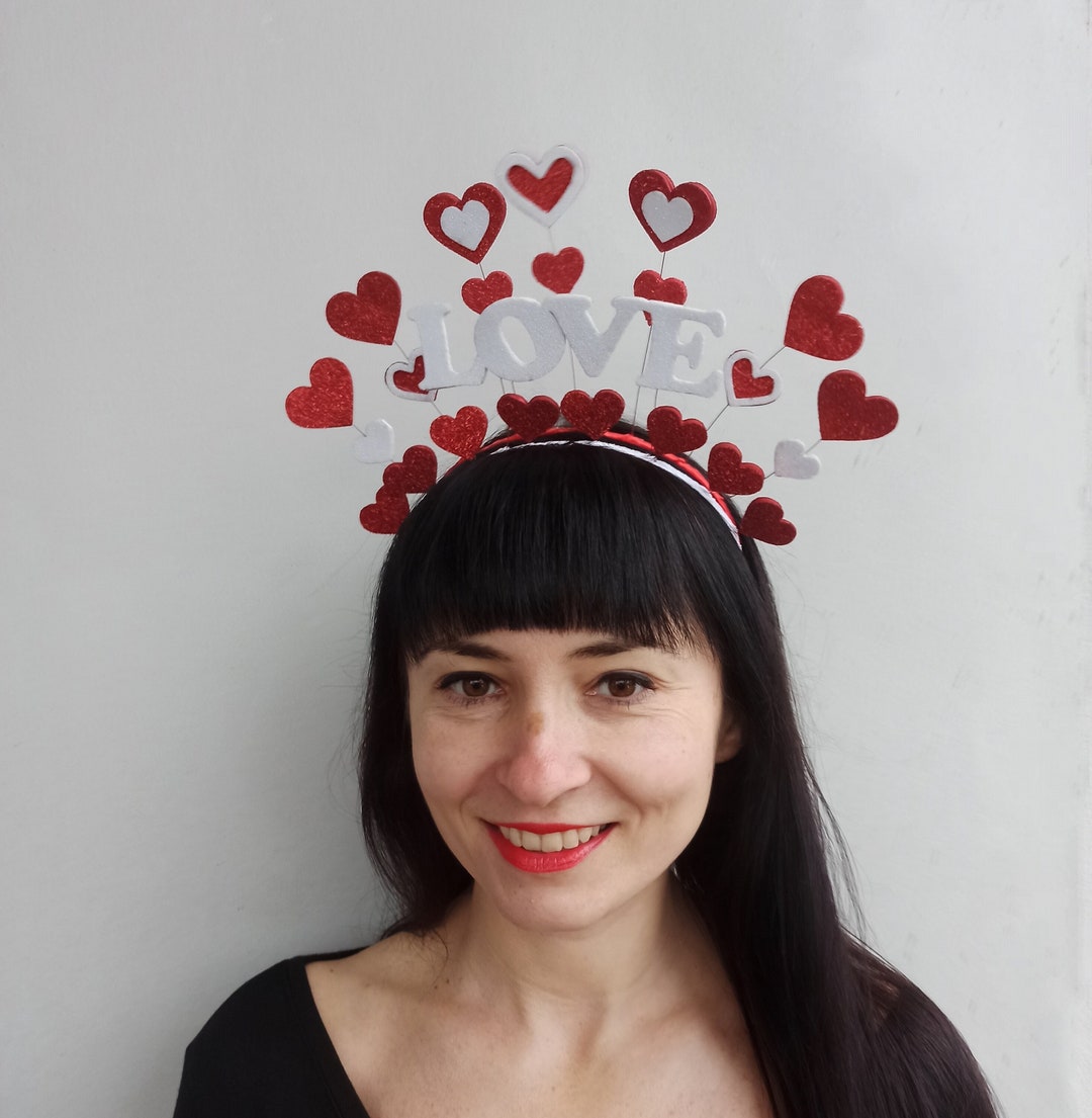 Red White Heart Crown Valentine's Day Headband LOVE Glitter Valentines ...