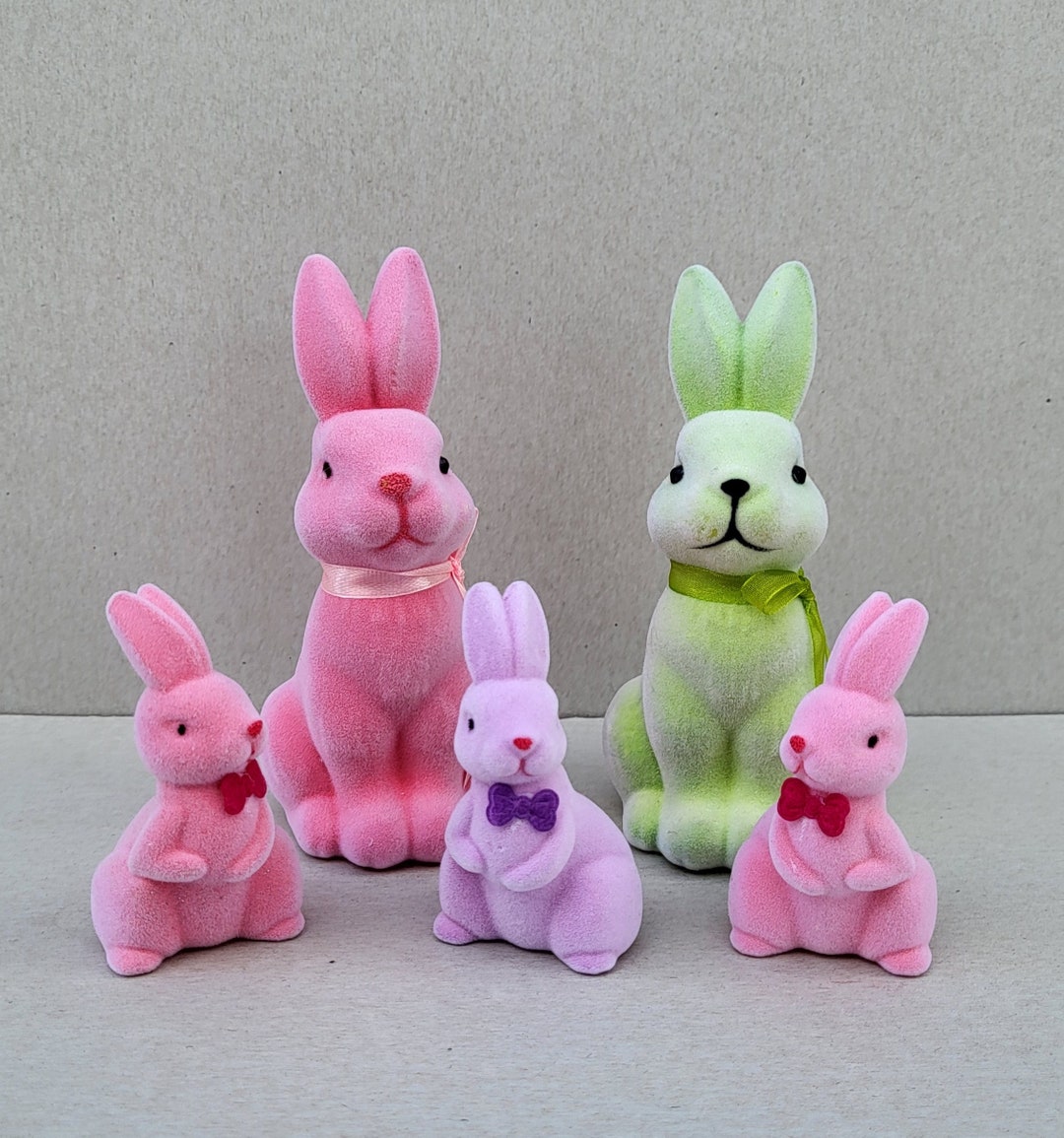 Pink, Purple, Green Flocked Bunnies Flocked Rabbits, Easter Bunny Decor ...