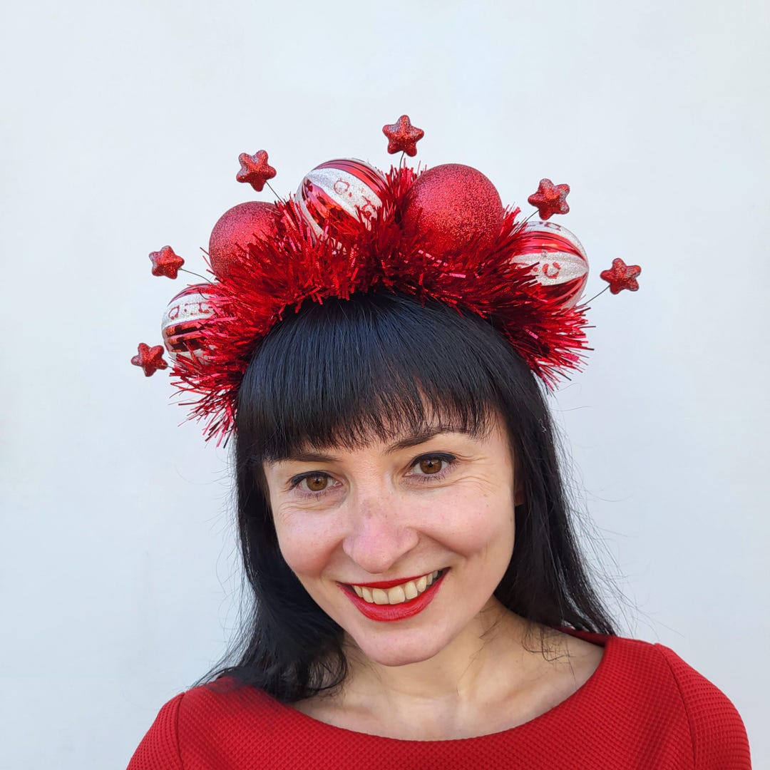 Red Christmas Tinsel Headband Crown With Red White Baubles, Red Stars ...