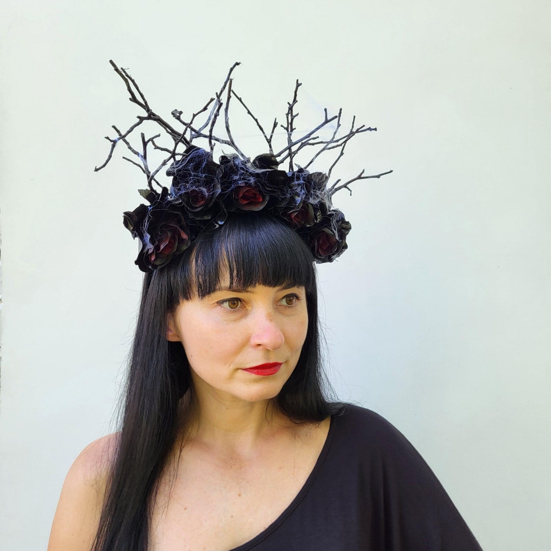 Halloween Black Flower Crown, Goth Gothic Headband, Forest Crown ...