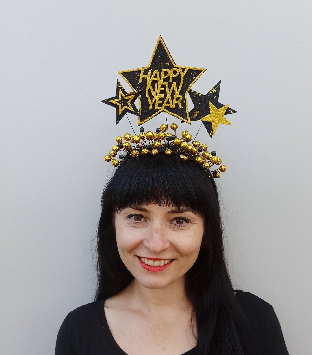 Black Gold New Year Star Crown, Glitter Happy New Year Headband, New ...