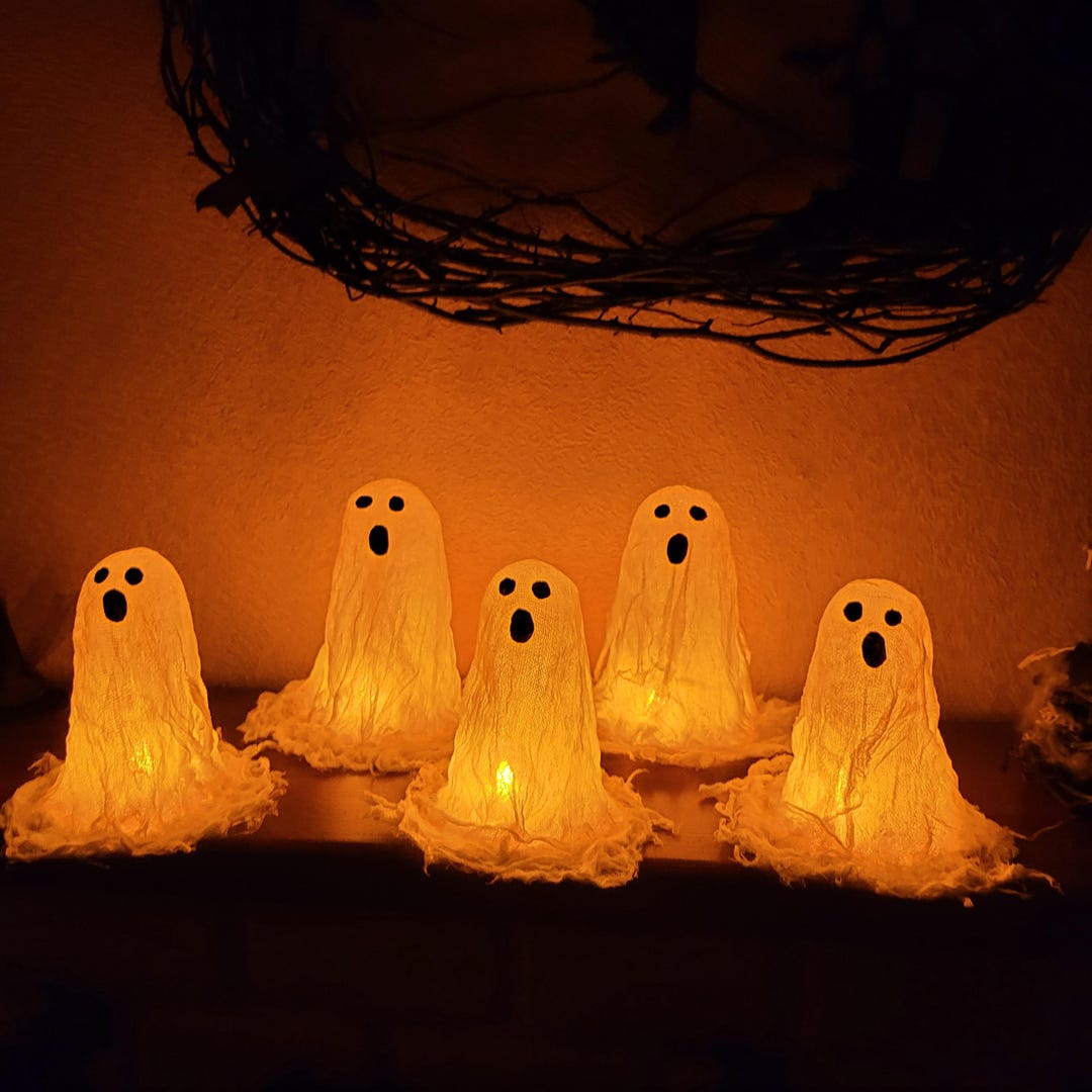 Set of 5 Ghosts LED Tea Light, Cheesecloth Ghosts, Halloween Night ...