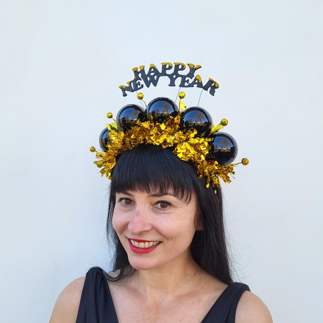 Black and Gold New Years Eve Crown, 2025 Headband, Glitter Happy New ...