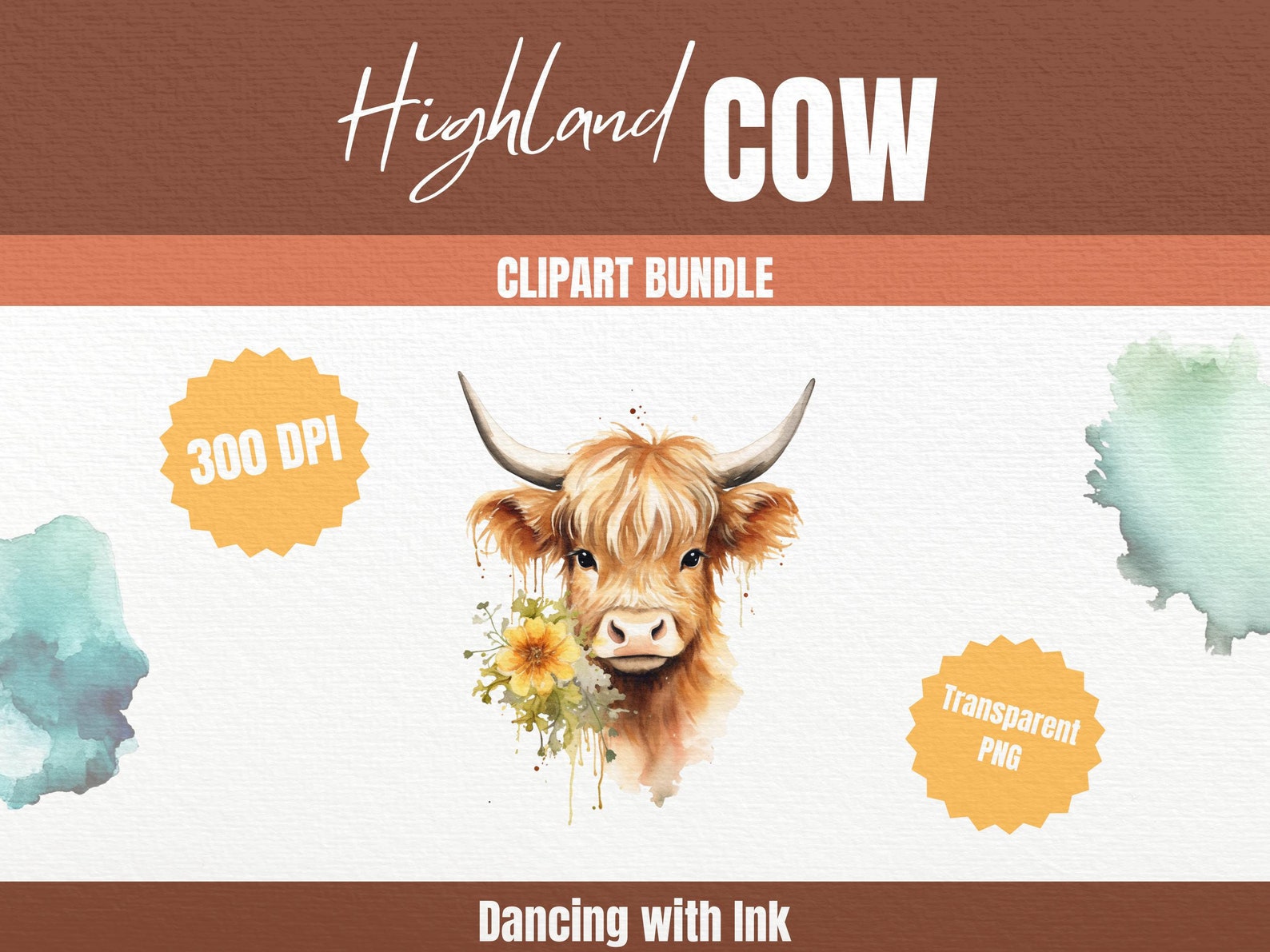 Highland Cow Clipart Set Watercolour Heilan Coo Png Commercial Use ...