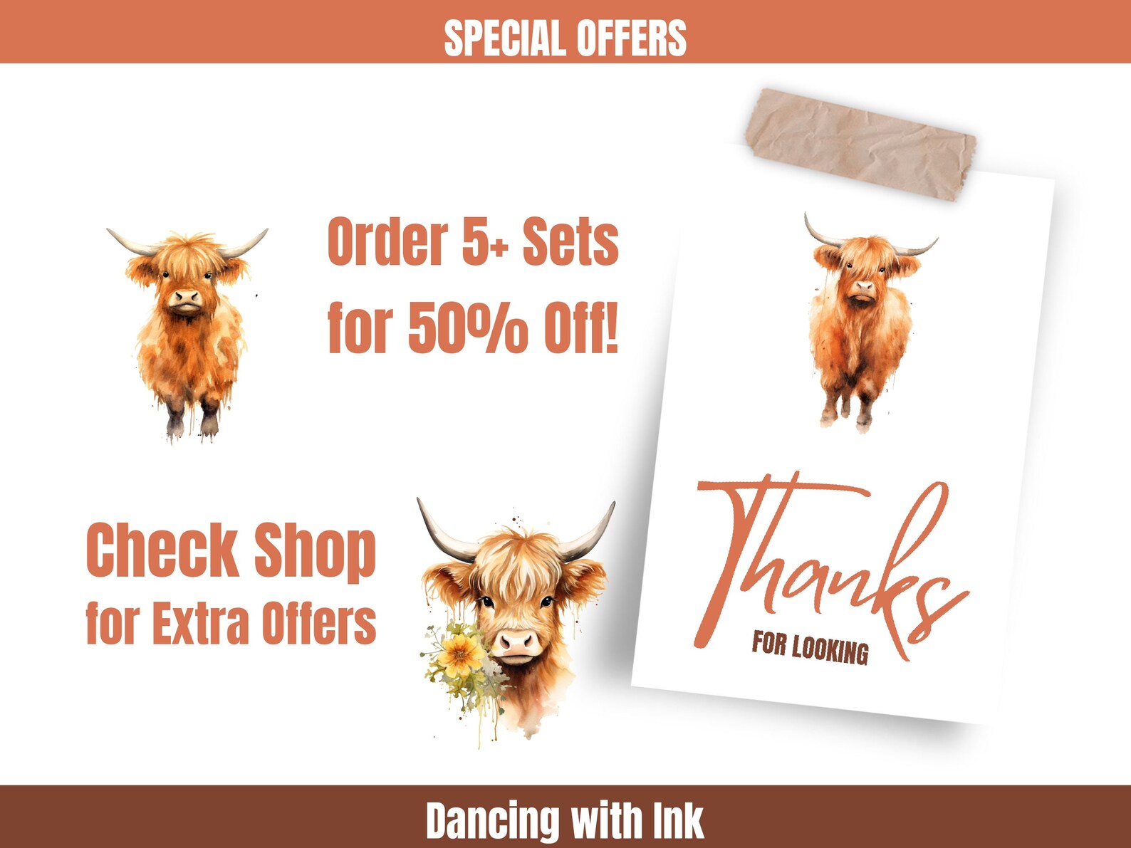 Highland Cow Clipart Set Watercolour Heilan Coo Png Commercial Use ...