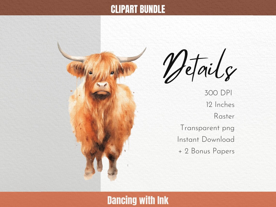 Highland Cow Clipart Set Watercolour Heilan Coo Png Commercial Use ...