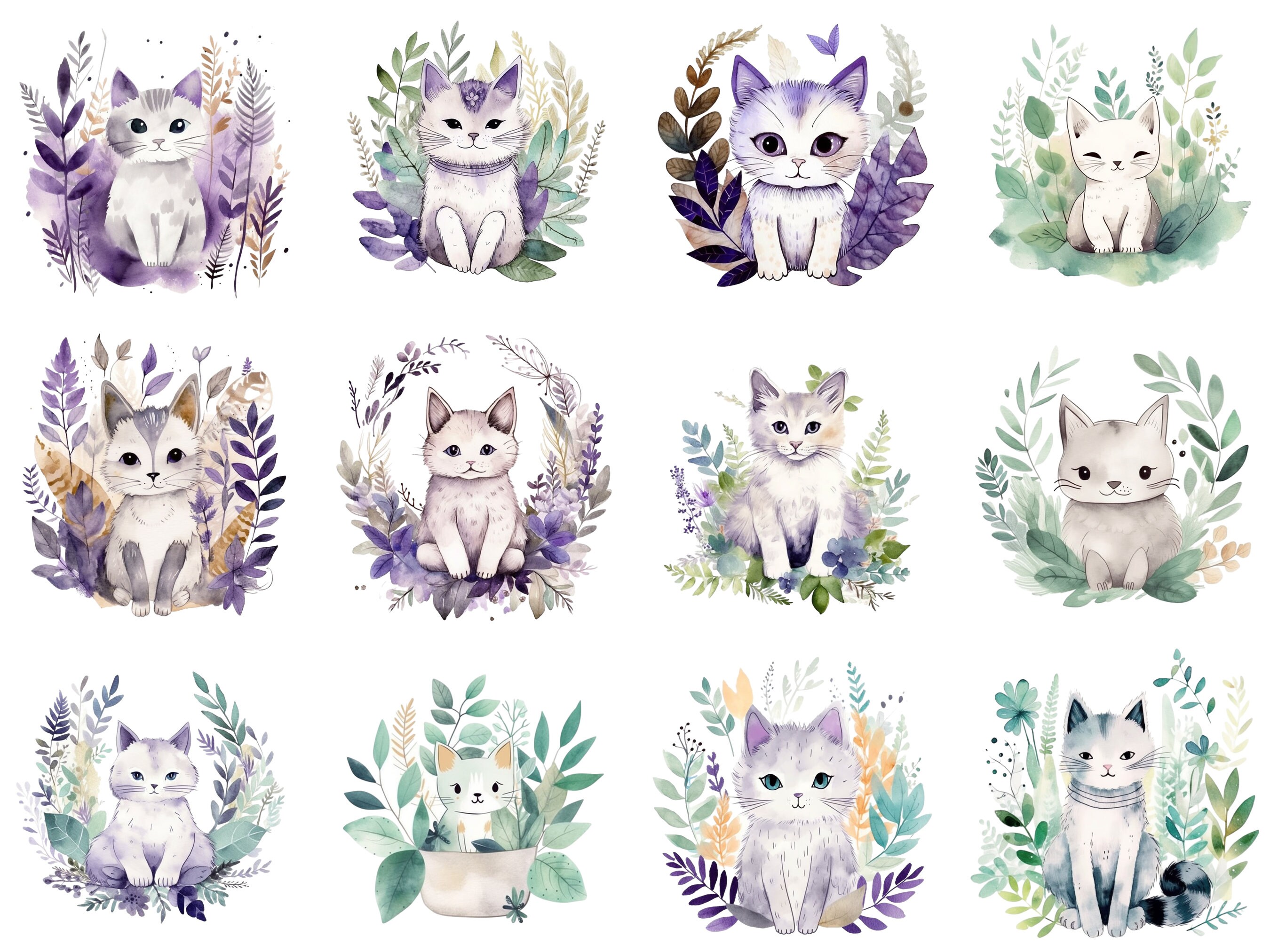 White Cats Clipart Lilac Mint Whimsical Watercolour Flowers - Etsy