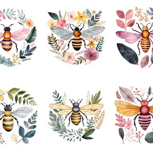 Boho Bees Clipart Pink Mint Flowers Wreath Honey Bumble Bee Watercolour ...