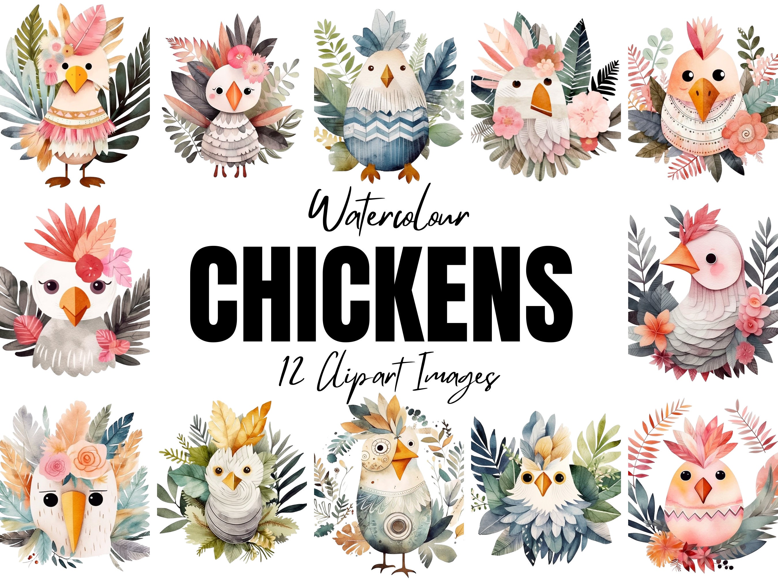 Boho Chickens Clipart Pink Whimsical Baby Shower Chicks With Flowers ...