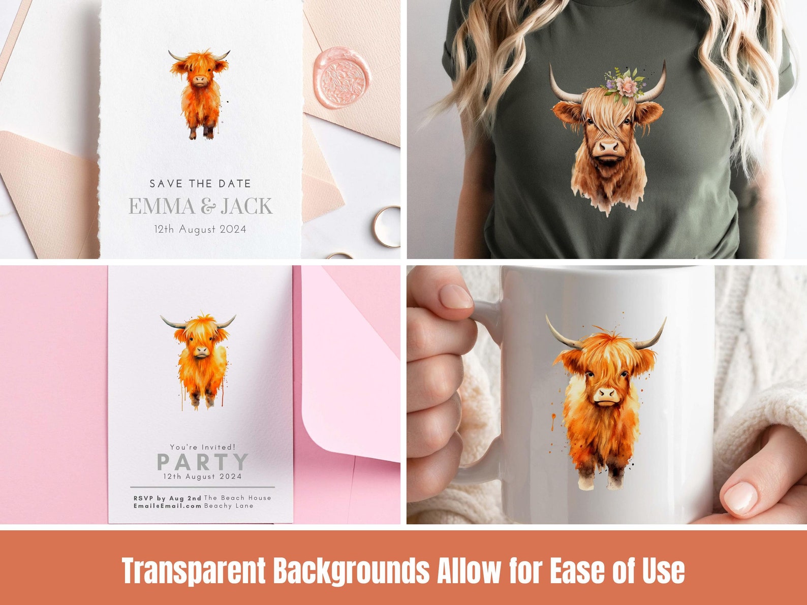 Highland Cow Clipart Set Watercolour Heilan Coo Png Commercial Use ...